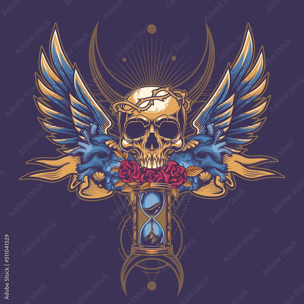 Holy skull. Vector illustration of double winged human skull with ...