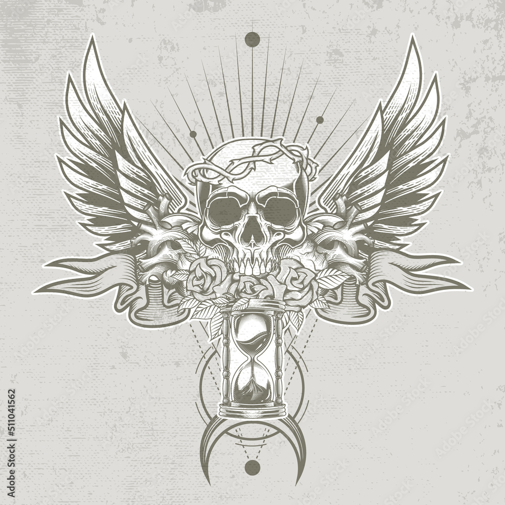 Holy skull. Vector illustration of double winged human skull with ...
