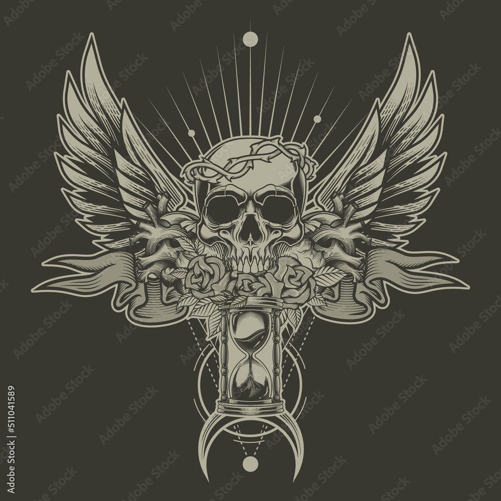 Holy skull. Vector illustration of double winged human skull with ...