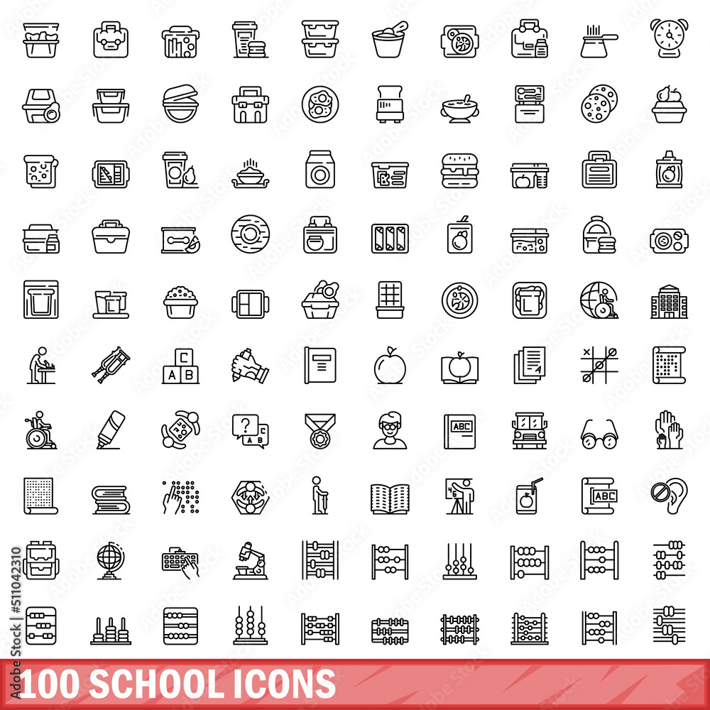 100 school icons set. Outline illustration of 100 school icons vector ...