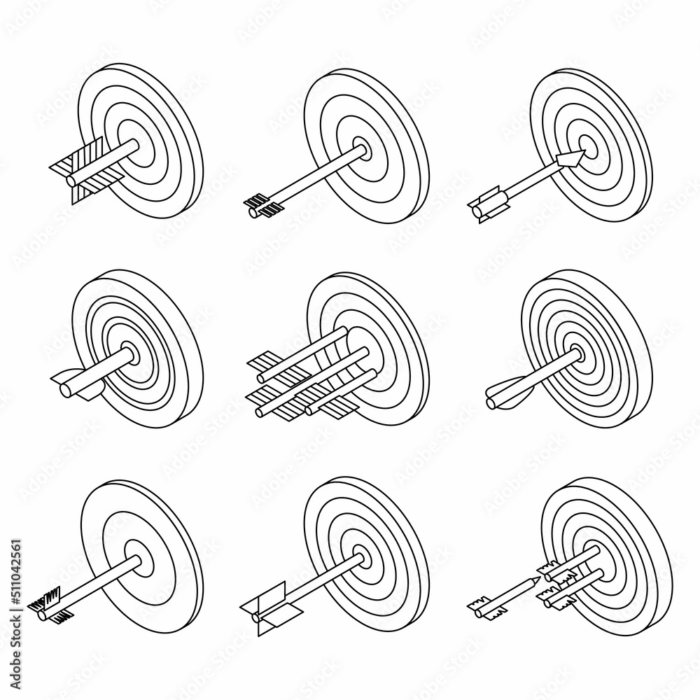 Target icon set. Isometric set of target vector icons outline isolated ...