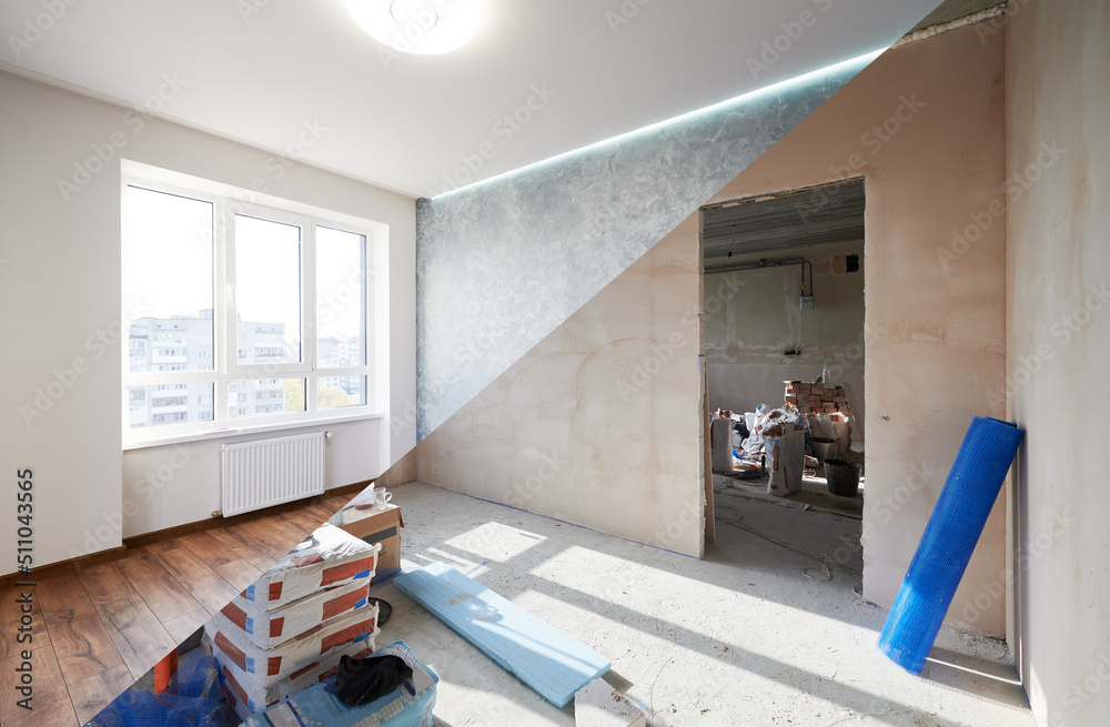 Foto de Comparison of old room with building tools and new renovated ...