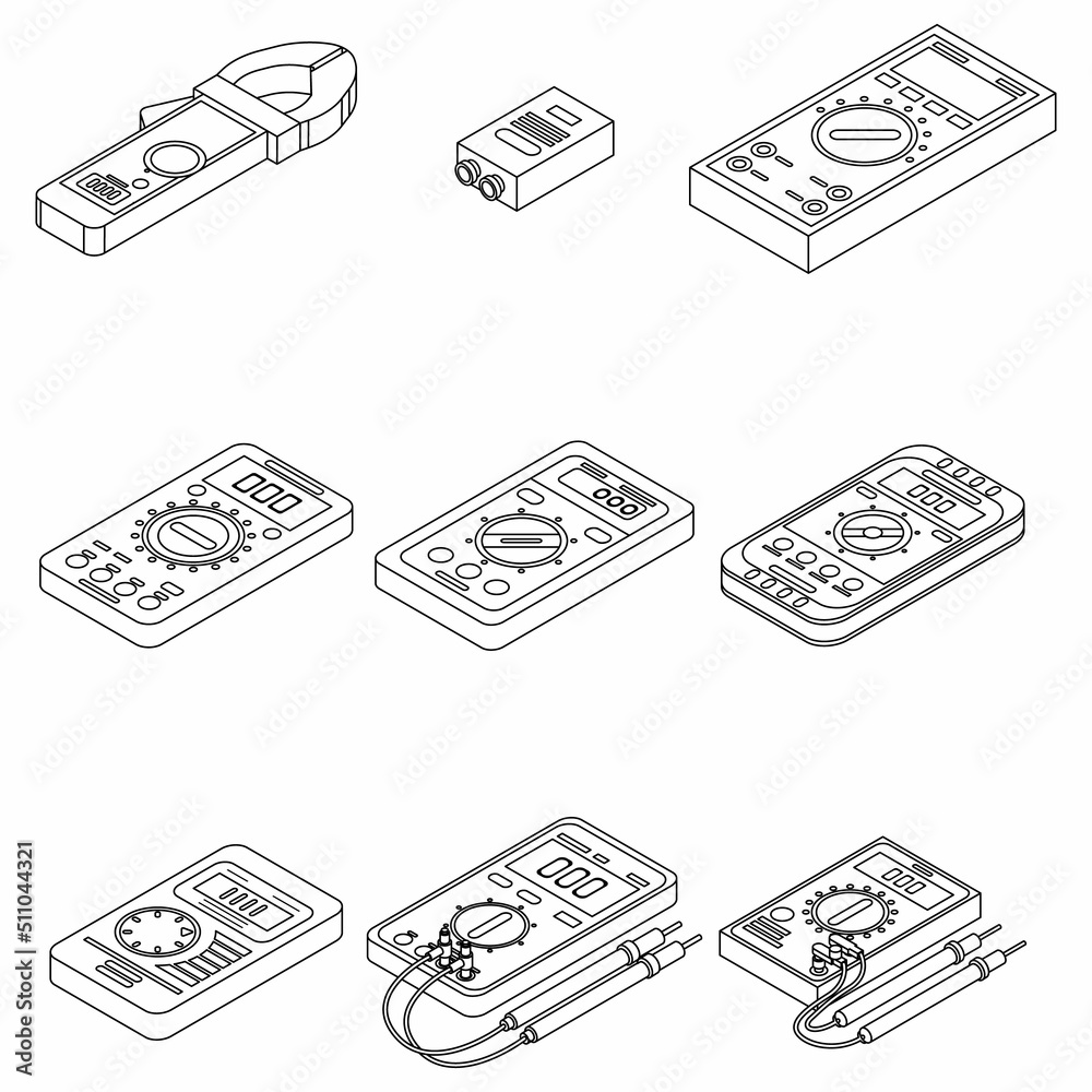 Multimeter icons set. Isometric set of multimeter vector icons outline ...