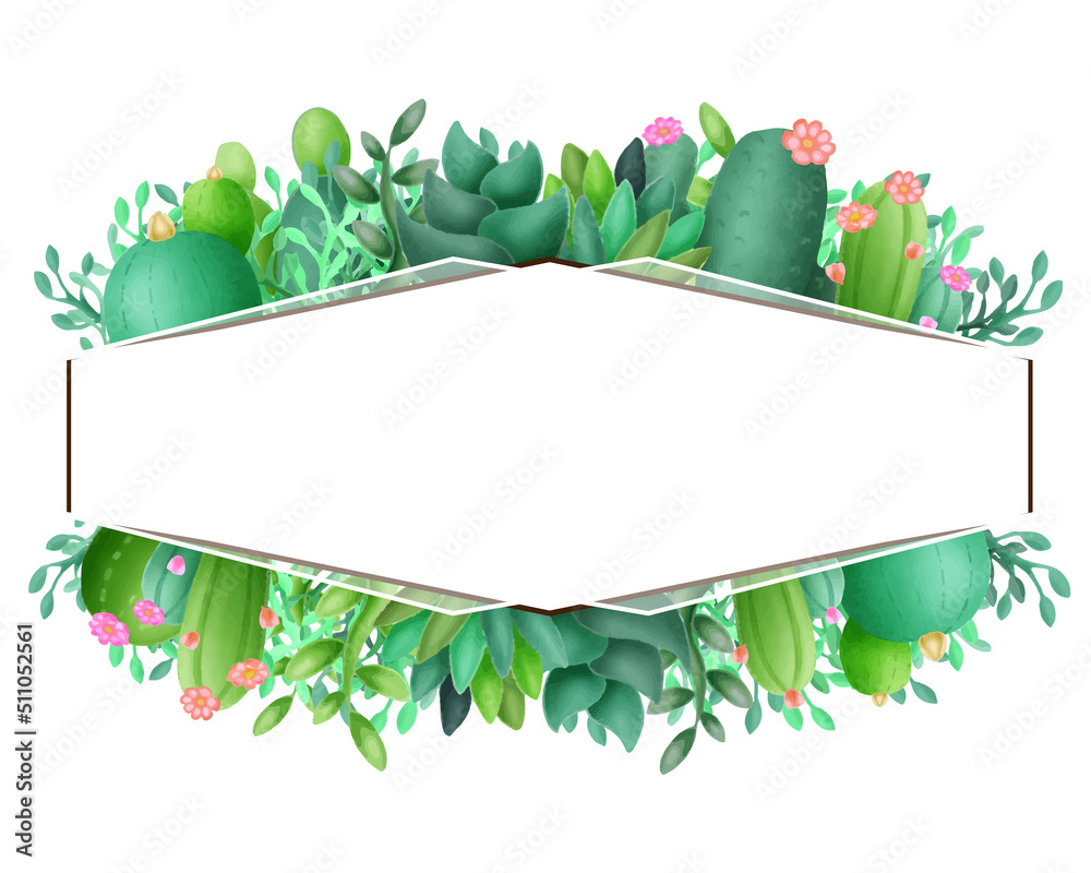 Vector illustration cactus border and watercolor frame. Cute green ...