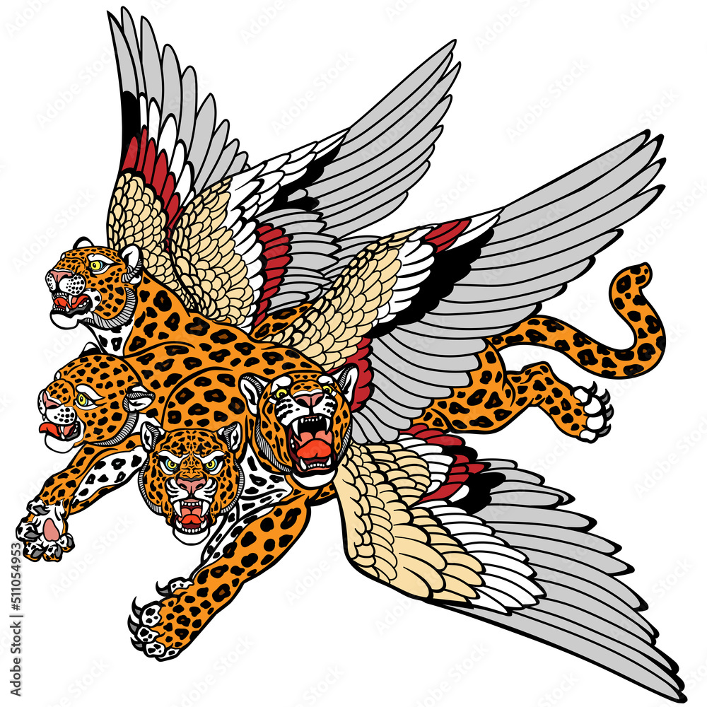 Four-headed leopard with wings of a bird on its back. Mythological ...
