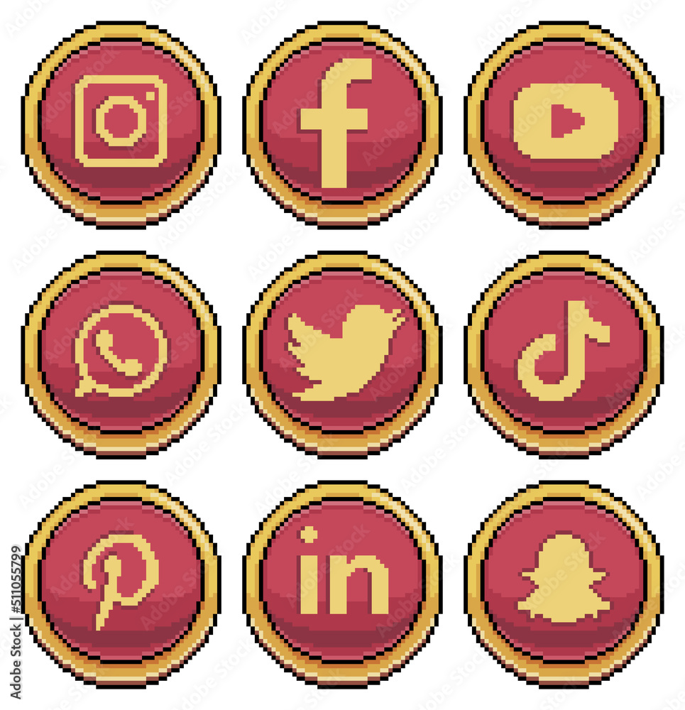 Pixel art social network icons in red circle format. Vector icon 8bit ...