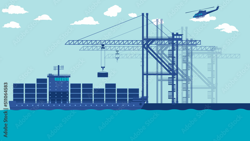 flat cartoon side view of transport cargo sea ship loading containers ...