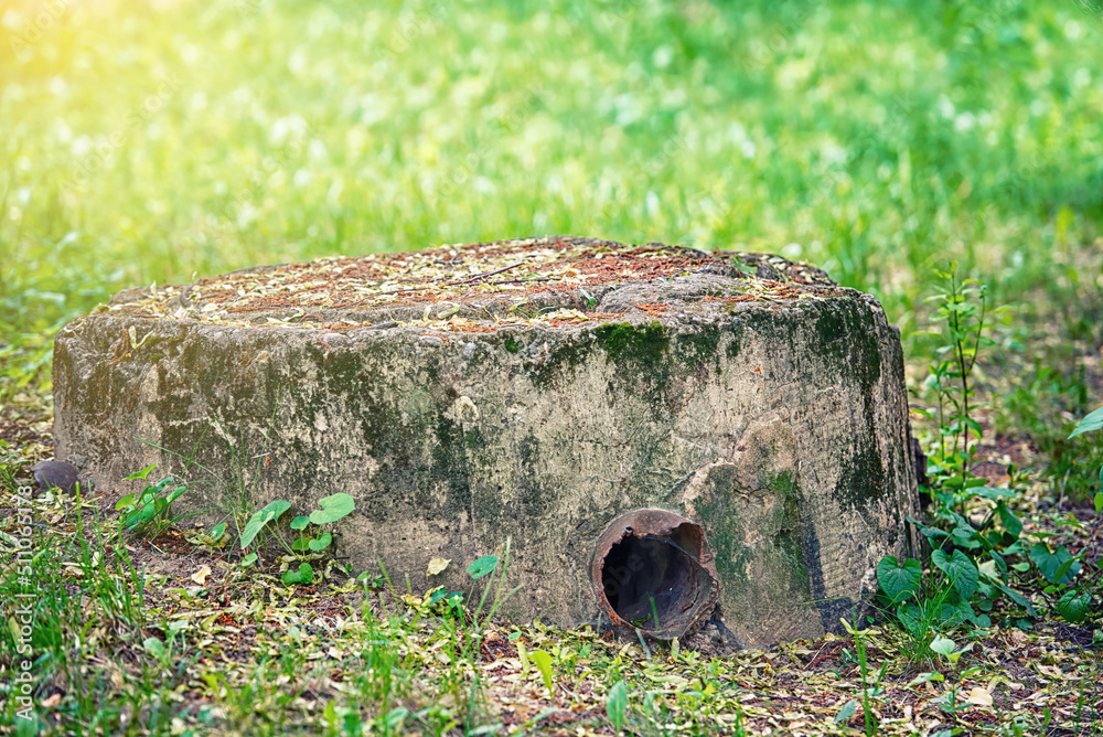 Old ventilation shaft air raid shelter. Bunker ventilation pipe in ...