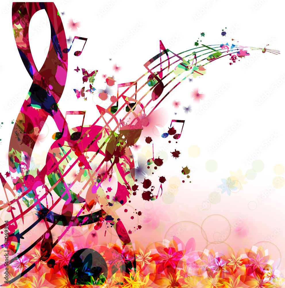 Colorful musical poster with musical notes staff and G-clef isolated ...