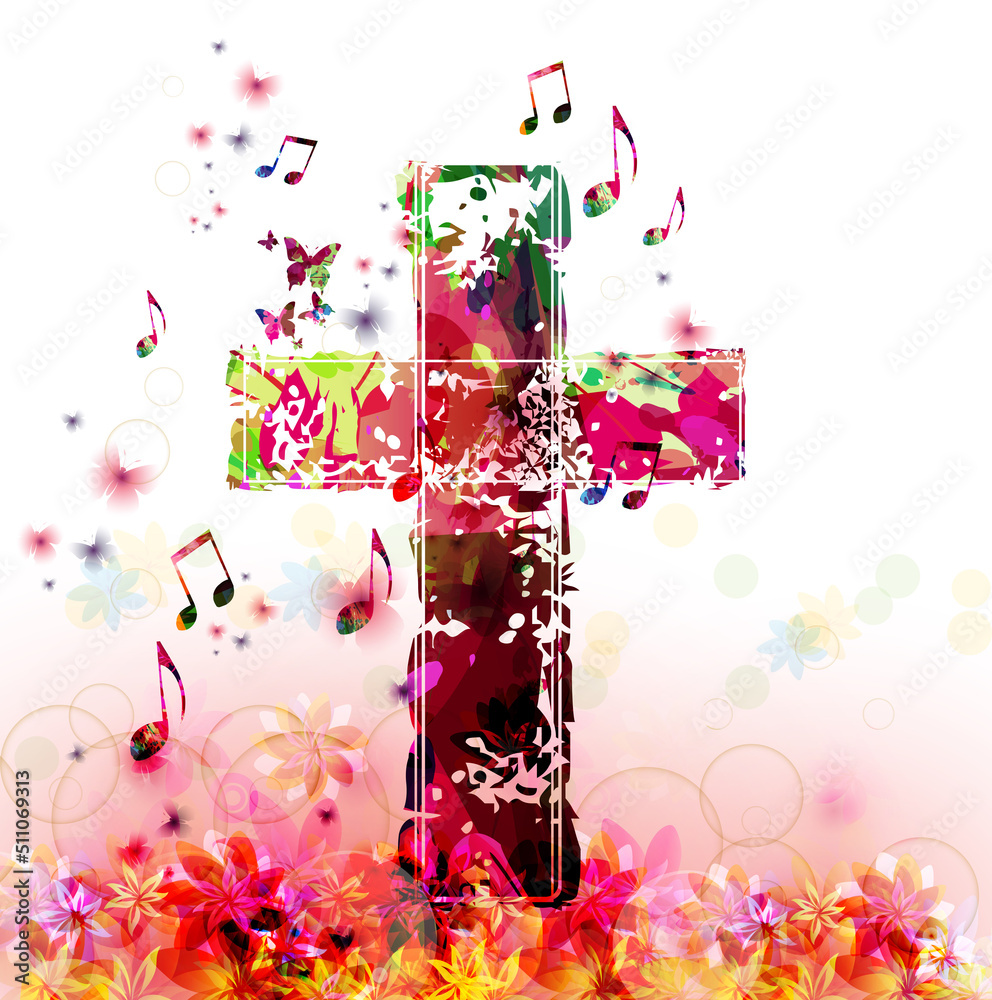Christian cross with musical notes vector illustration. Religion themed ...