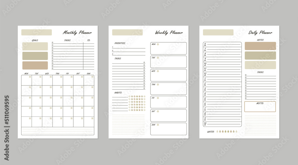Vector minimalist planner template. Daily, weekly, monthly page set ...