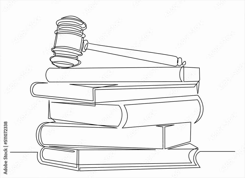 law hammer and books one line continuous single line art Stock Vector ...