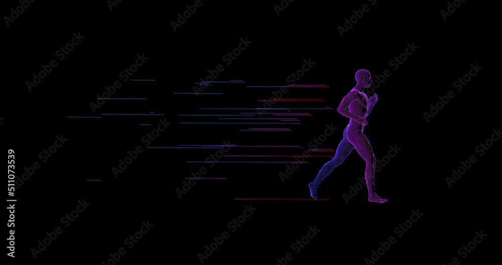 running man, drawing by color lines on a black background. 4K rendering ...