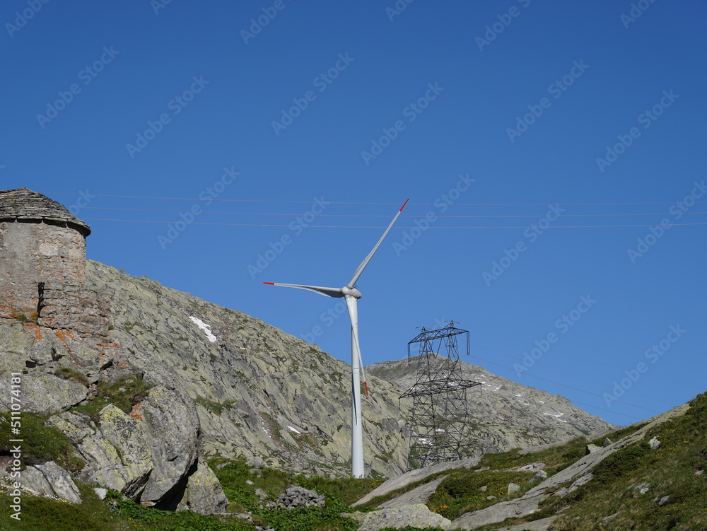 San Gottardo Mountain Pass, Switzerland. A wind turbine working at high ...