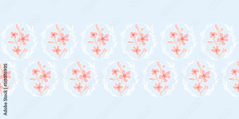 Seamless border repeat with pink cherry blossom on baby blue background ...