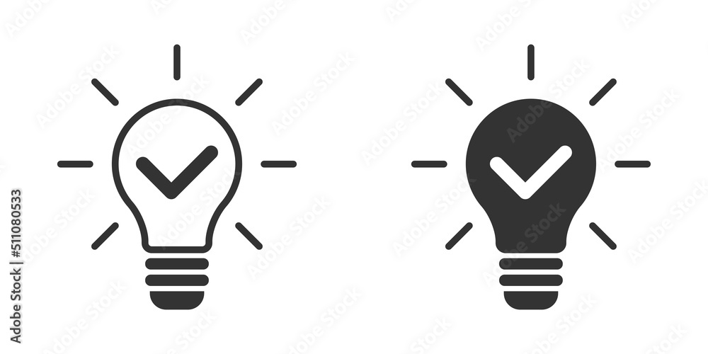 Solution symbol. Lamp icon. Light bulb with check mark inside. Vector ...