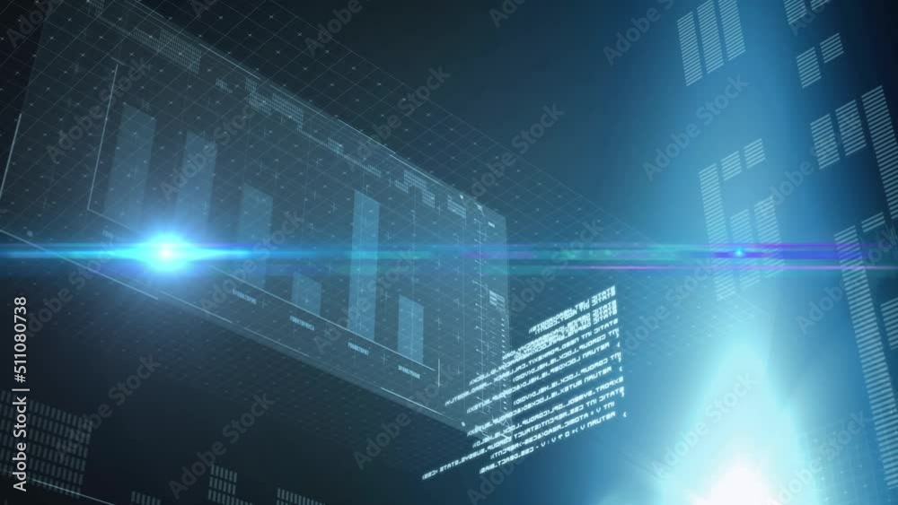 Animation of light trails over data processing on black background ...