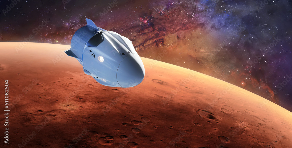 Spaceship on orbit of Mars planet. Space fiction wallpaper with red ...