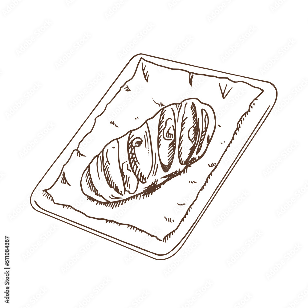 Vector hand drawn illustration of bread on a baking sheet. Brown and ...