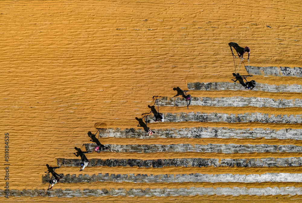 Workers working in small rice mill. Rice, paddy grain drying in sun ...