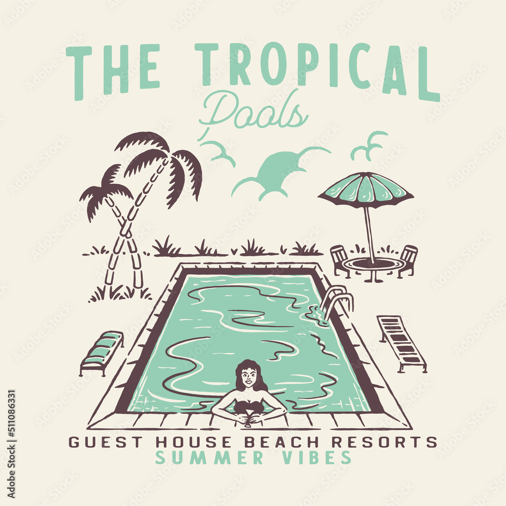tropical illustration pools badge palm design beach t shirt Stock ...