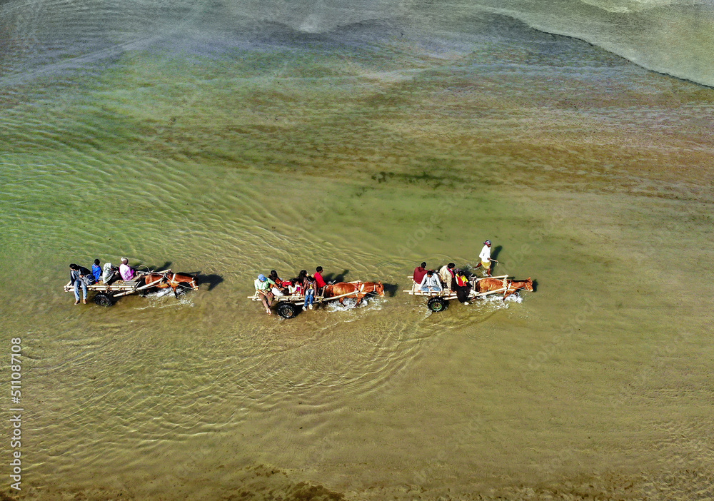 Huge sandbars arise in river Jamuna when the water level drops during ...