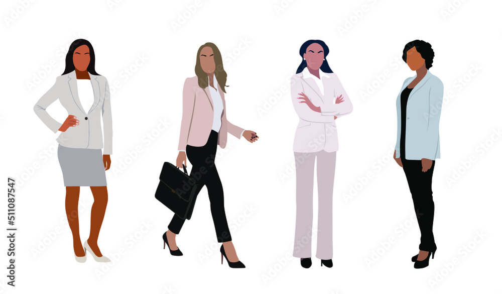 Set of different business women standing and walking in formal office ...