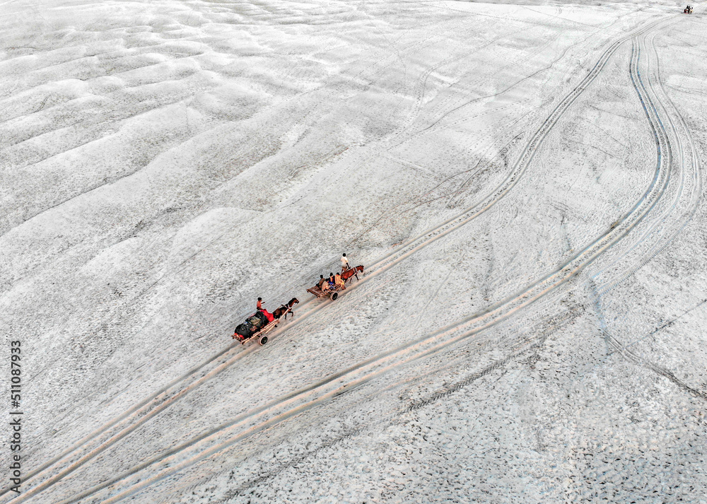 Huge sandbars arise in river Jamuna when the water level drops during ...