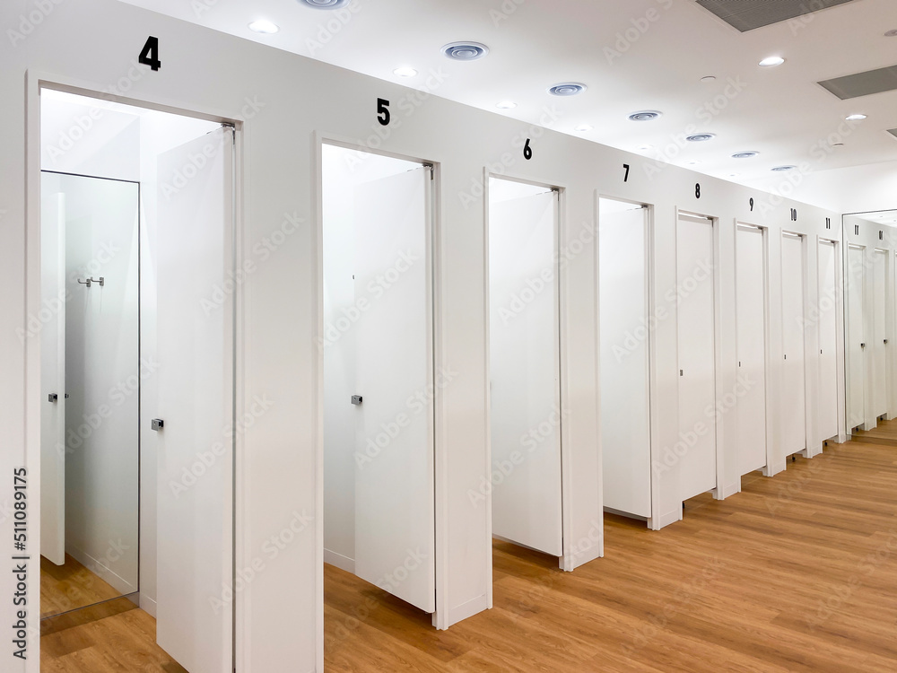Poster White theme minimalism changing room. White wall and wooden ...