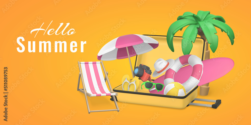 Hello summer promo banner design. Cartoon 3d open travel trolley bag ...