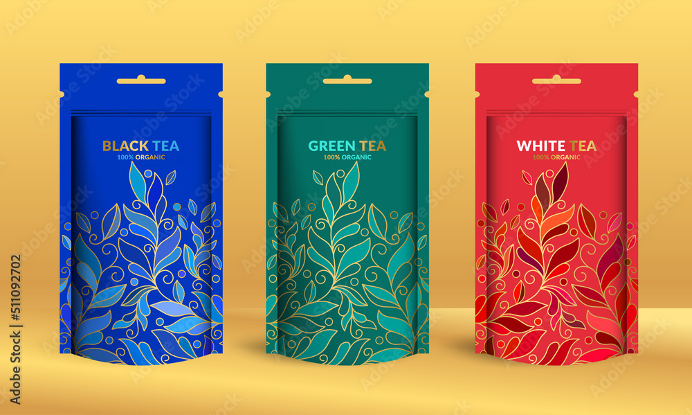 Tea packaging design with zip pouch bag mockup. Vector ornament ...