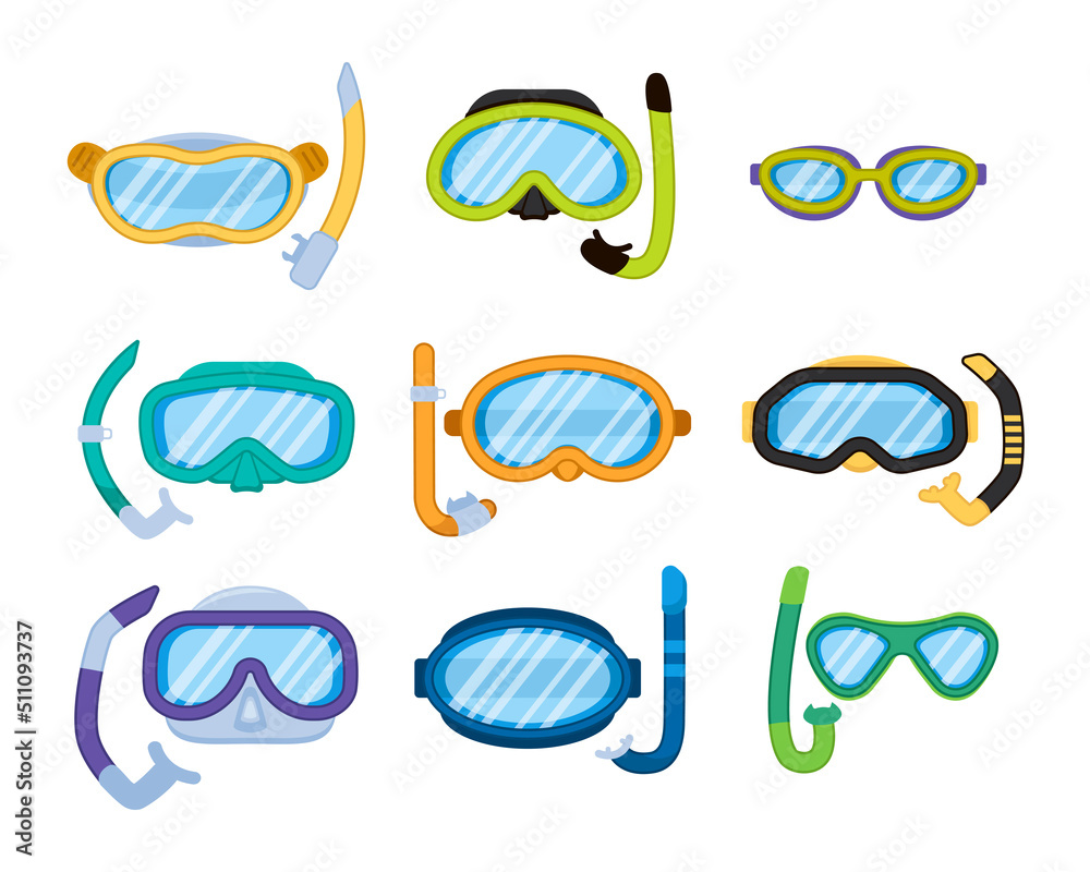 Collection of cartoon masks for swimming. Isolated cartoon set ...