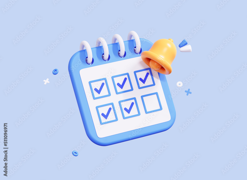 3D Calendar with check mark in date and bell notification. Meeting ...