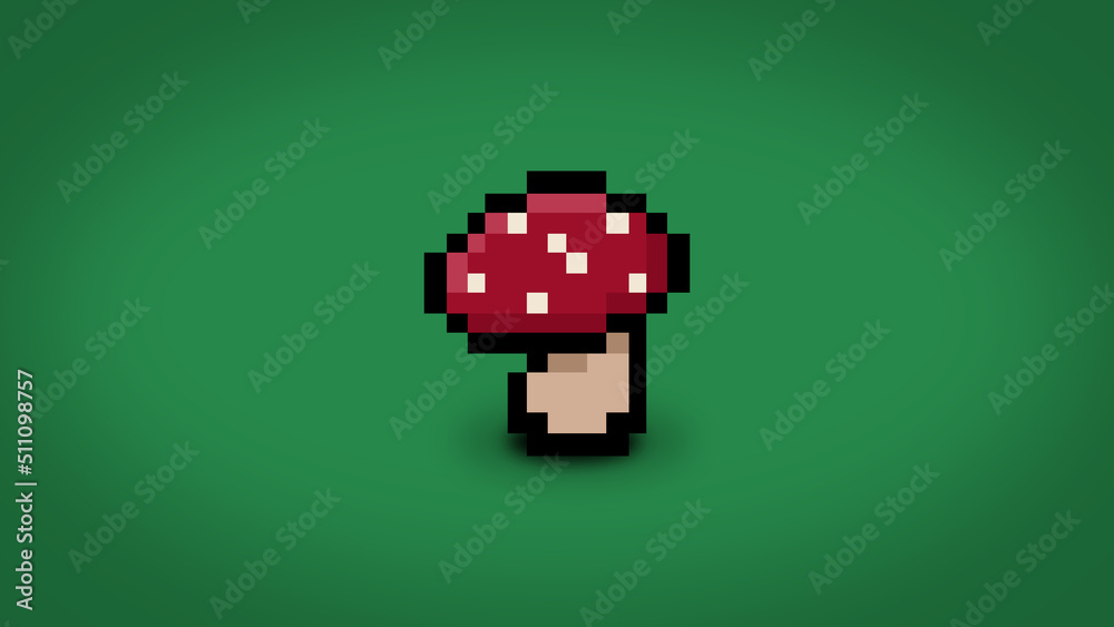 One pixel 8 bit red mushroom with white dots on a green background ...