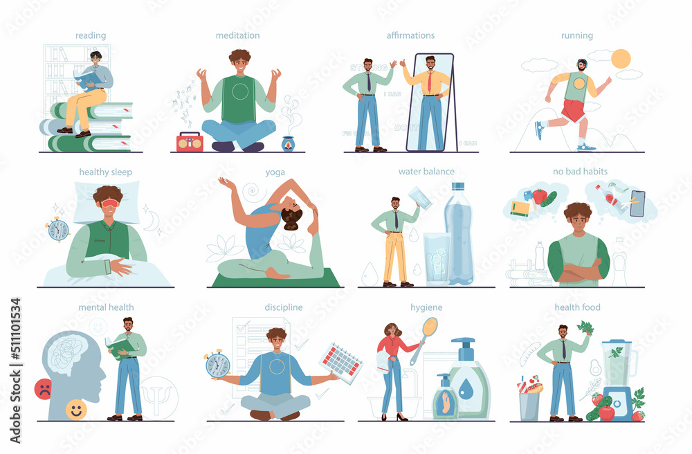 Healthy lifestyle habits set. Proper nutrition, physical activity, rest ...