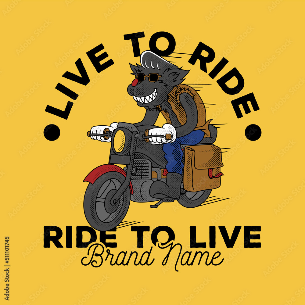 Cartoon emblem of wolf riding motorcycle with retro style Stock Vector | Adobe Stock