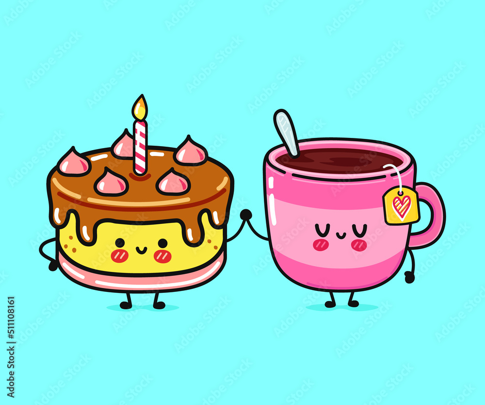 Cute, funny happy cup of tea and cake character. Vector hand drawn ...