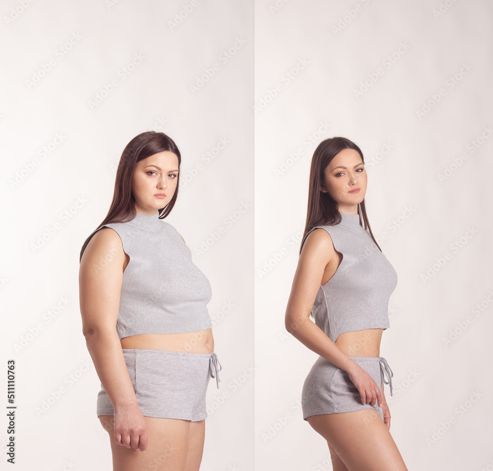 Comparison of a fat and thin girl. Slimming. Before and after. Weight ...