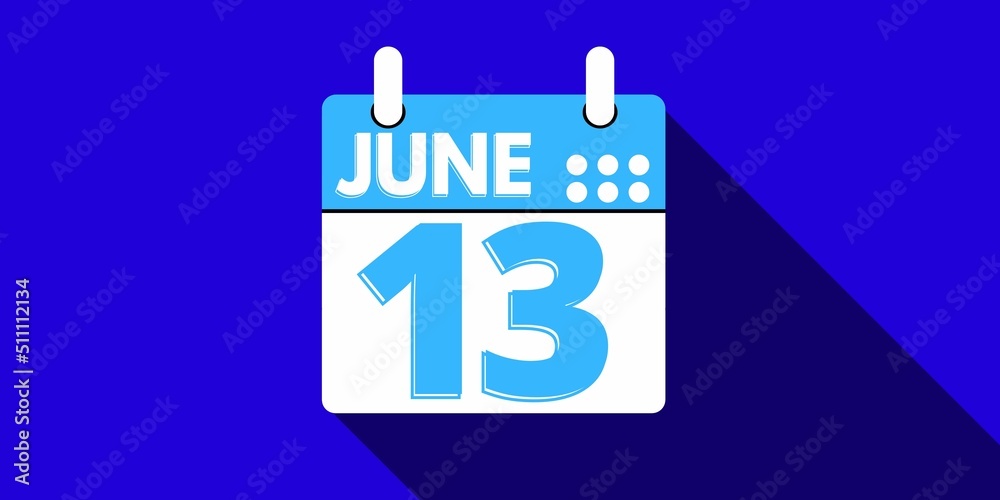 13 june. calendar with the day thirteen of the month of june in blue ...