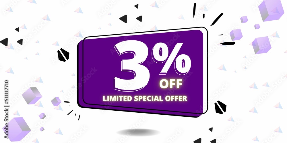 3% off limited special offer. Banner with three percent discount on a ...