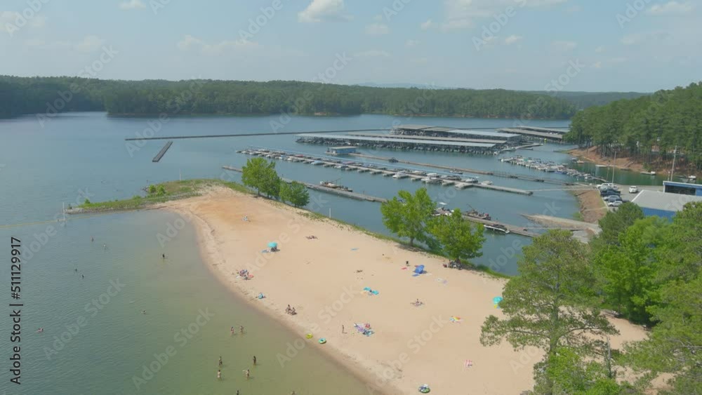stunning aerial footage of a sandy beach on the banks of Lake Allatoona ...