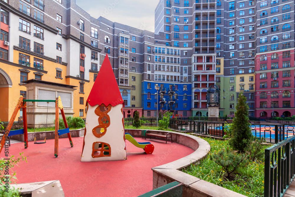Empty children playground park with playground equipment. Outdoor ...