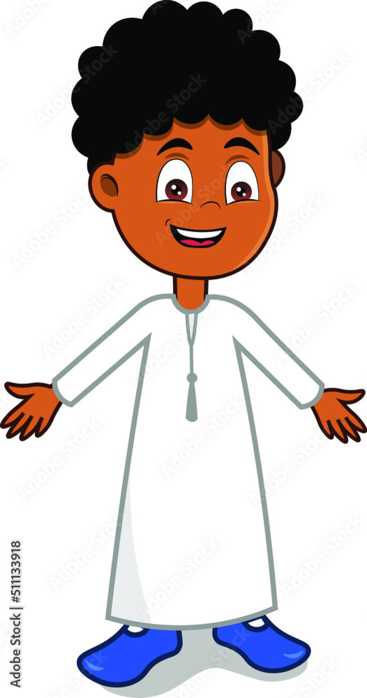 cartoon emirati young boy smiling in traditional white dress kandora ...