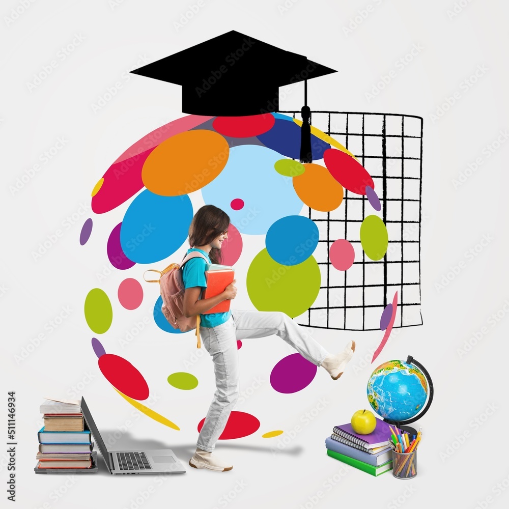 Contemporary art collage. Little child around school supplies, books ...