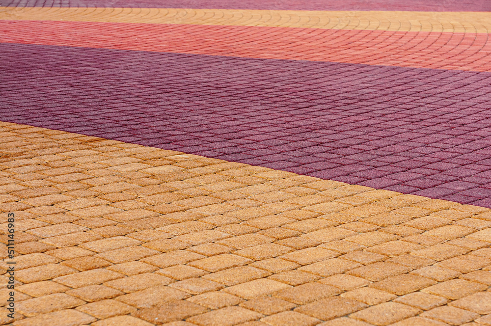 Floor is made of red and yellow bricks of different shapes. Textured ...