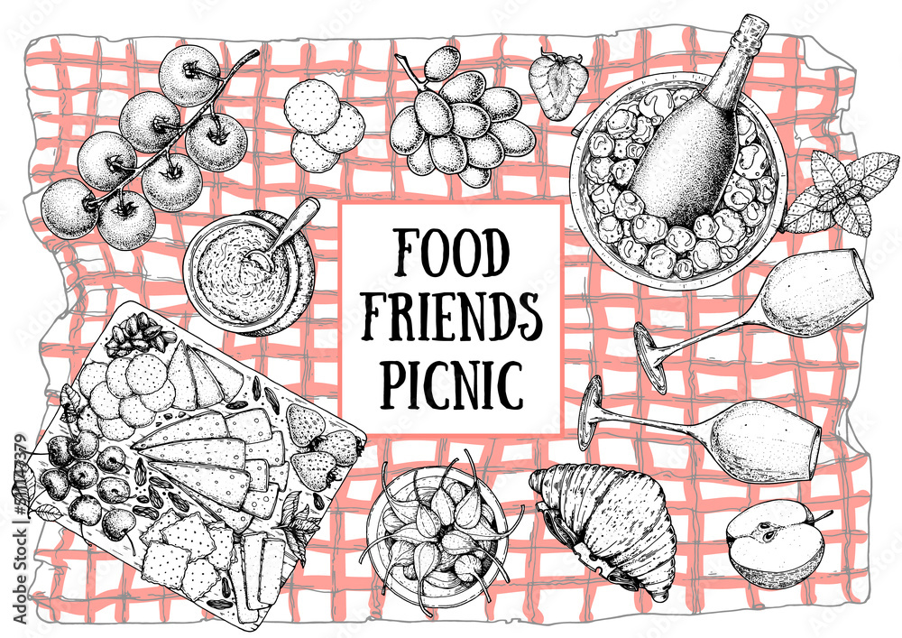 Picnic food top view. Hand drawn vector illustration. Food and drink ...