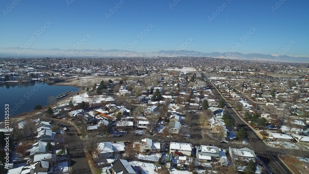 2016:HIDDEN LAKE COLORADO.Flying Drone Camera View Of Suburbs On ...