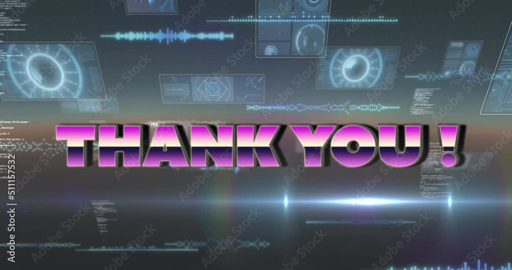 Animation of thank you text over scope scanning and data processing ...