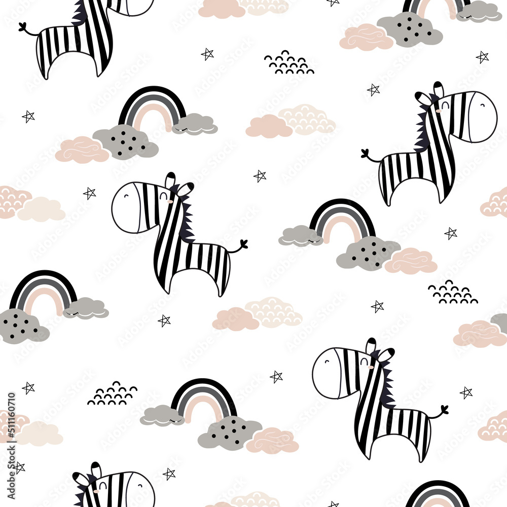 Seamless childish pattern with zebra, clouds, star and rainbow. Cute ...