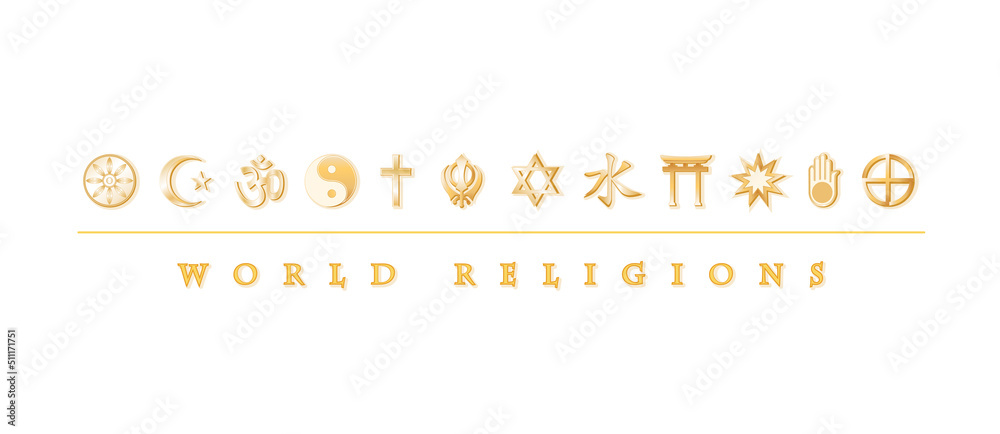 World Religions Banner, Gold Symbols, icons of 12 world faiths on white ...
